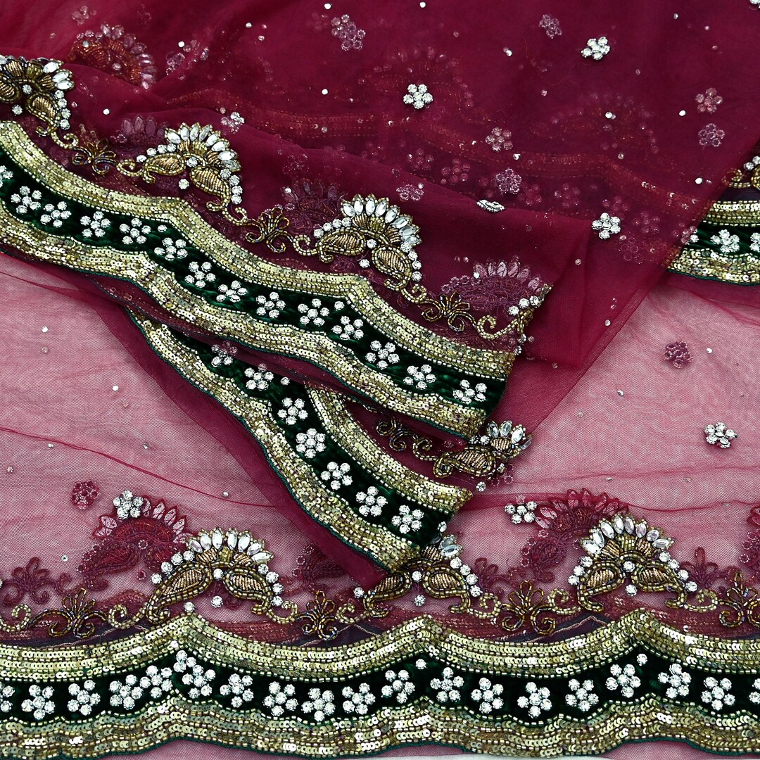 Indian Vintage Heavy Bridal Dupatta Pink Net Mesh Long Stole Hand ...