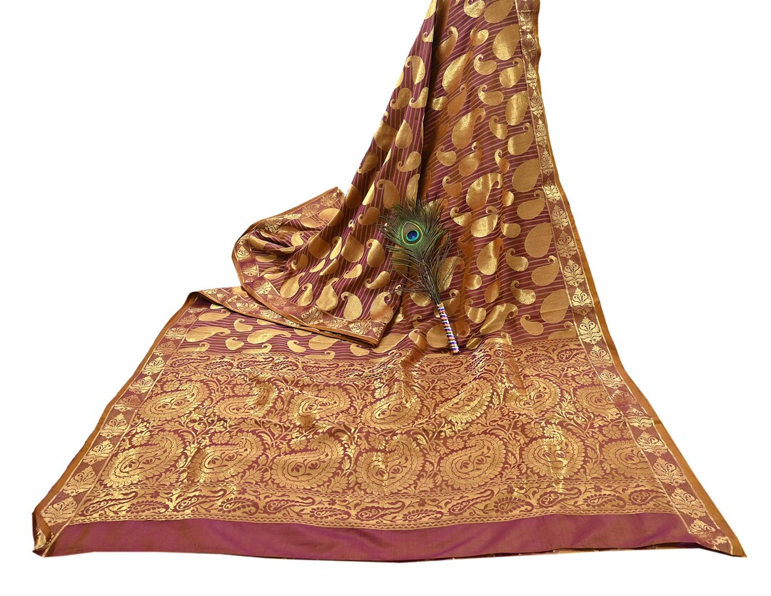Vintage Kanjivaram Silk Saree Purple & Saffron Floral Zari, Indian Sari ...