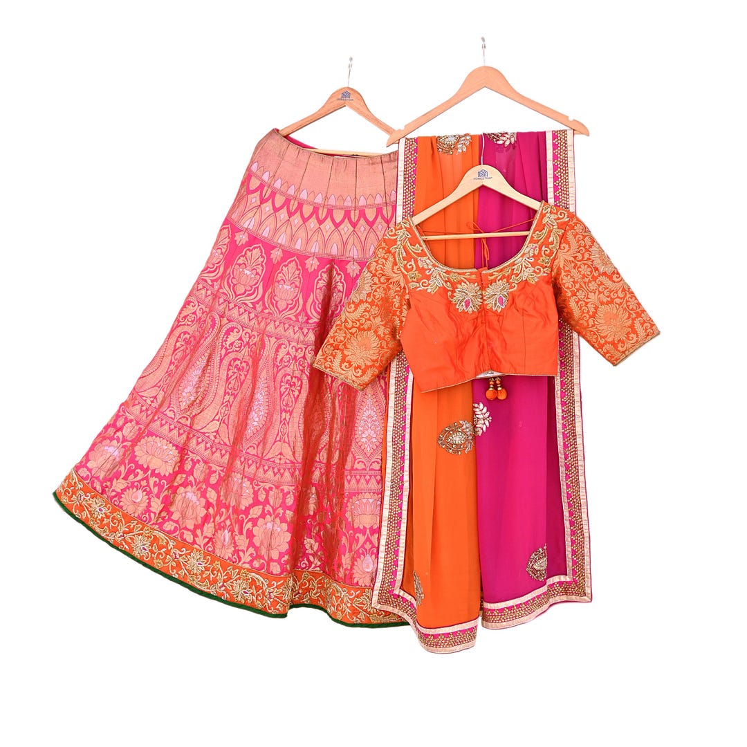 Indian Heavy Wedding Orange & Pink Pure Silk Hand Embroidered Lehenga ...