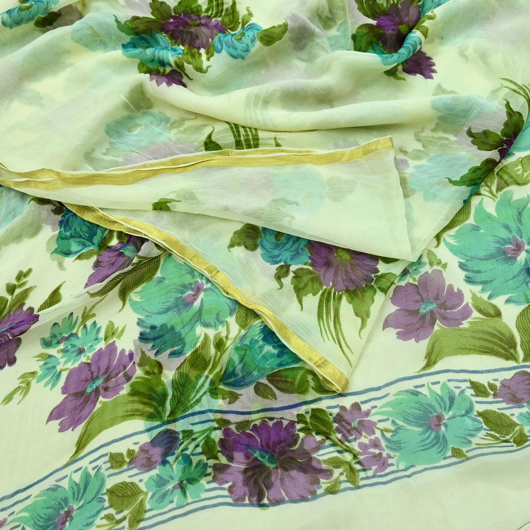 Indian Women Vintage Ivory Saree Blend Chiffon Printed Sari Sewing 5yd ...