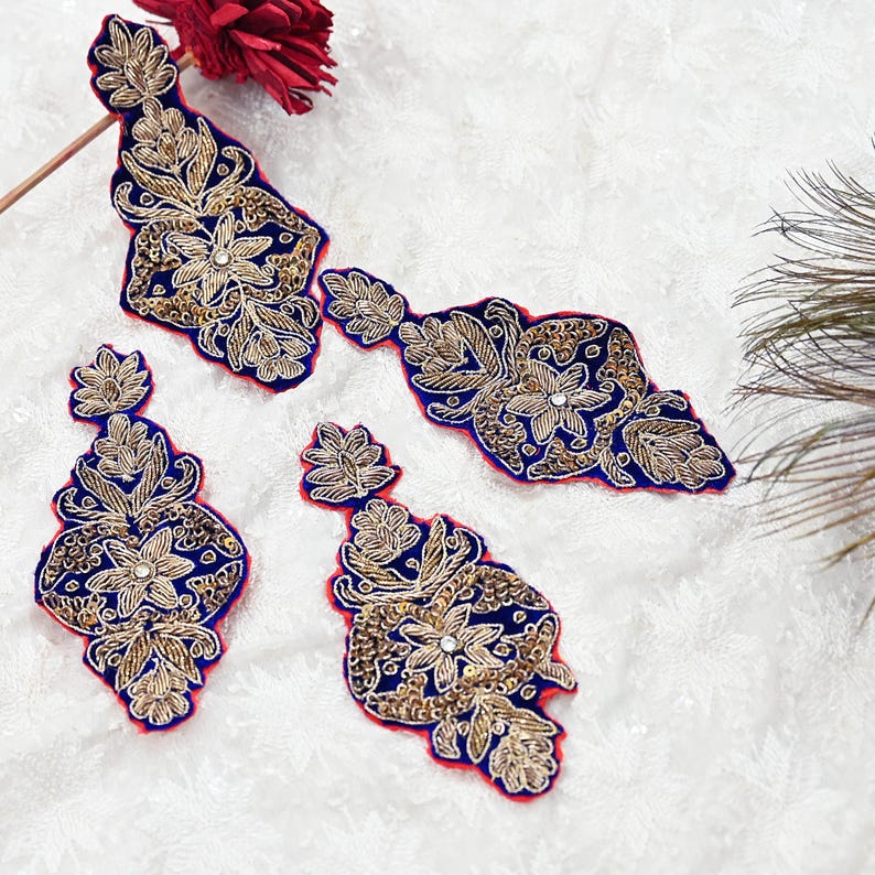 Indian Vintage Blue Velvet Appliques – Set of 4 | Hand-embroidered ...