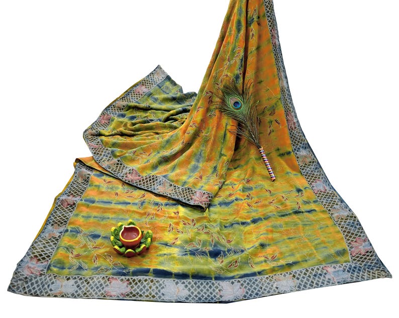 Indian Vintage Sari Multi Pure Crepe Silk Hand Embroidered Sarees 6yd ...