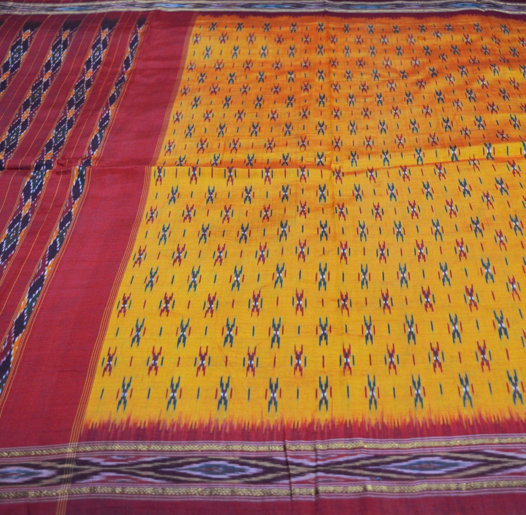 FREE SHIPPING Vintage Saffron & Red Pochampally Saree Pure Silk Hand ...