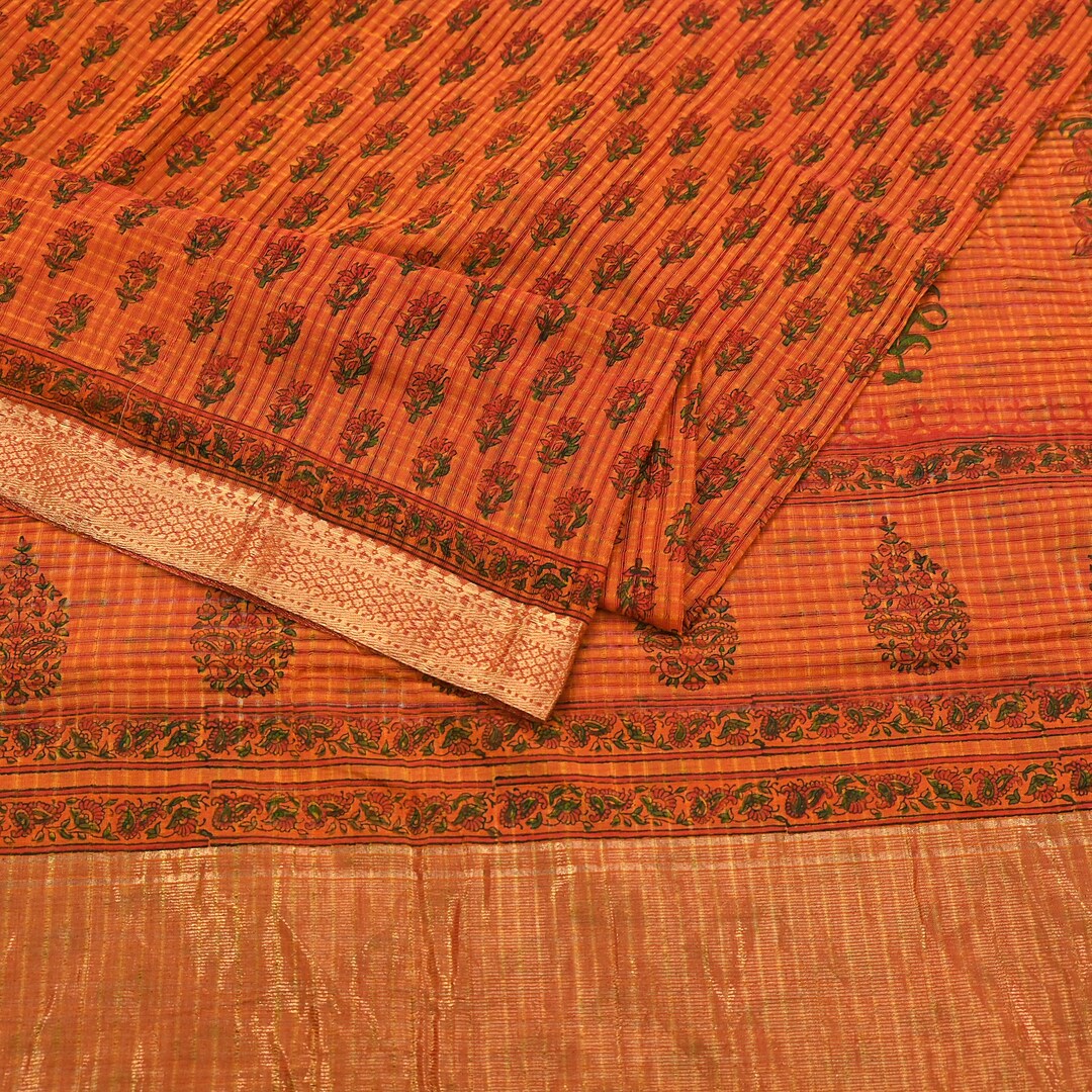 Indian Vintage Sari Saffron & Red Block Printed Pure Cotton Saree Craft ...