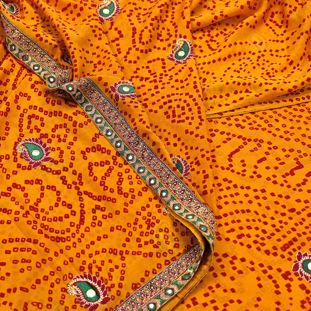 Indian Vintage Saffron Saree Pure Silk Hand Embroidered Bandhani ...