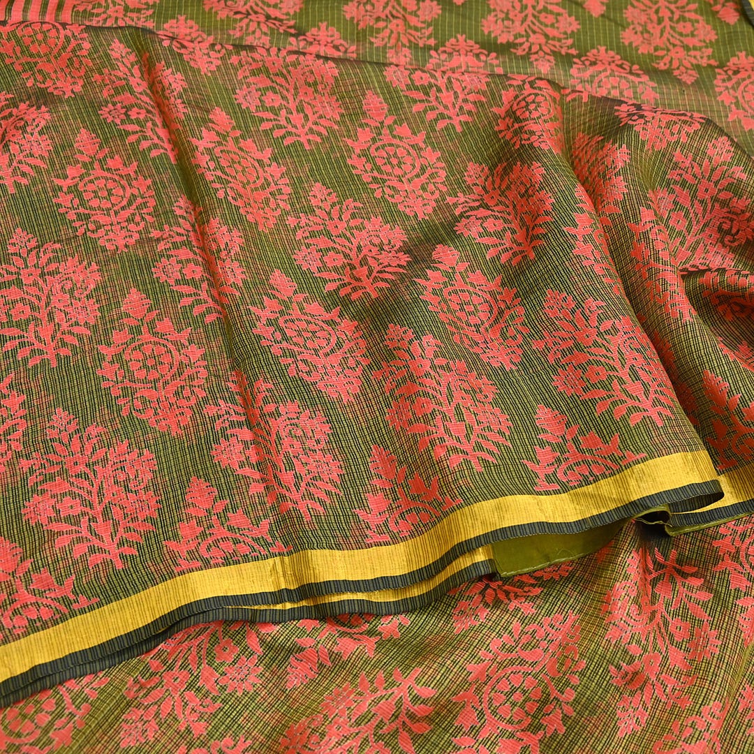 Indian Vintage Fabindia Sari Green & Peach Pure Silk Block Printed ...
