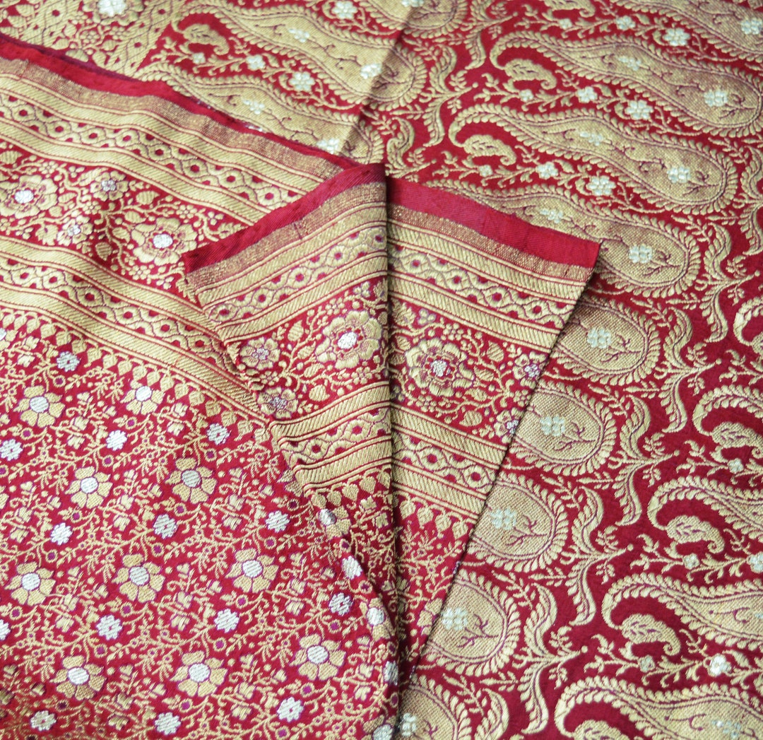 FREE SHIPPING Indian Vintage Dark Red Heavy Wedding Saree Pure Satin ...