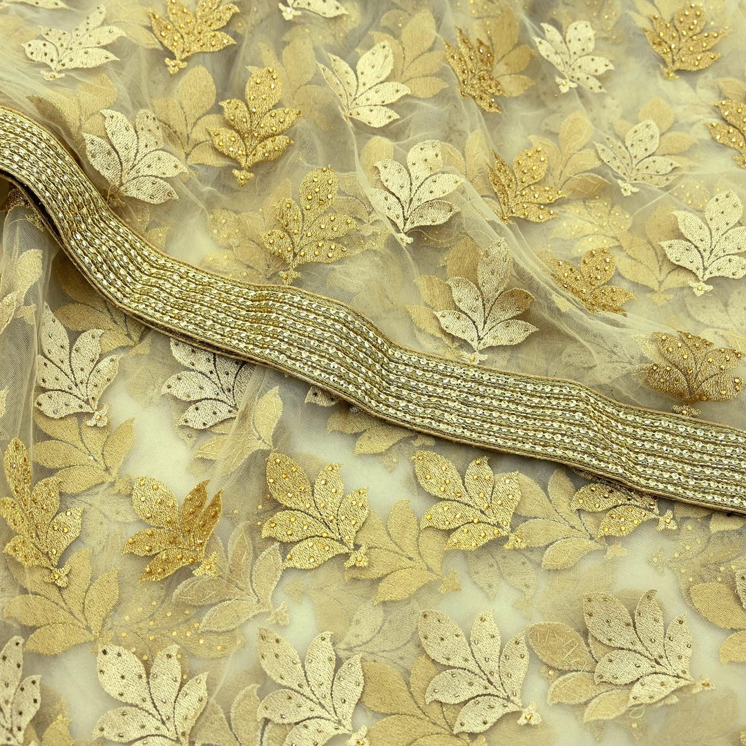 Indian Vintage Heavy Sari Beige Net/mesh Embroidered Sarees Fabric ...