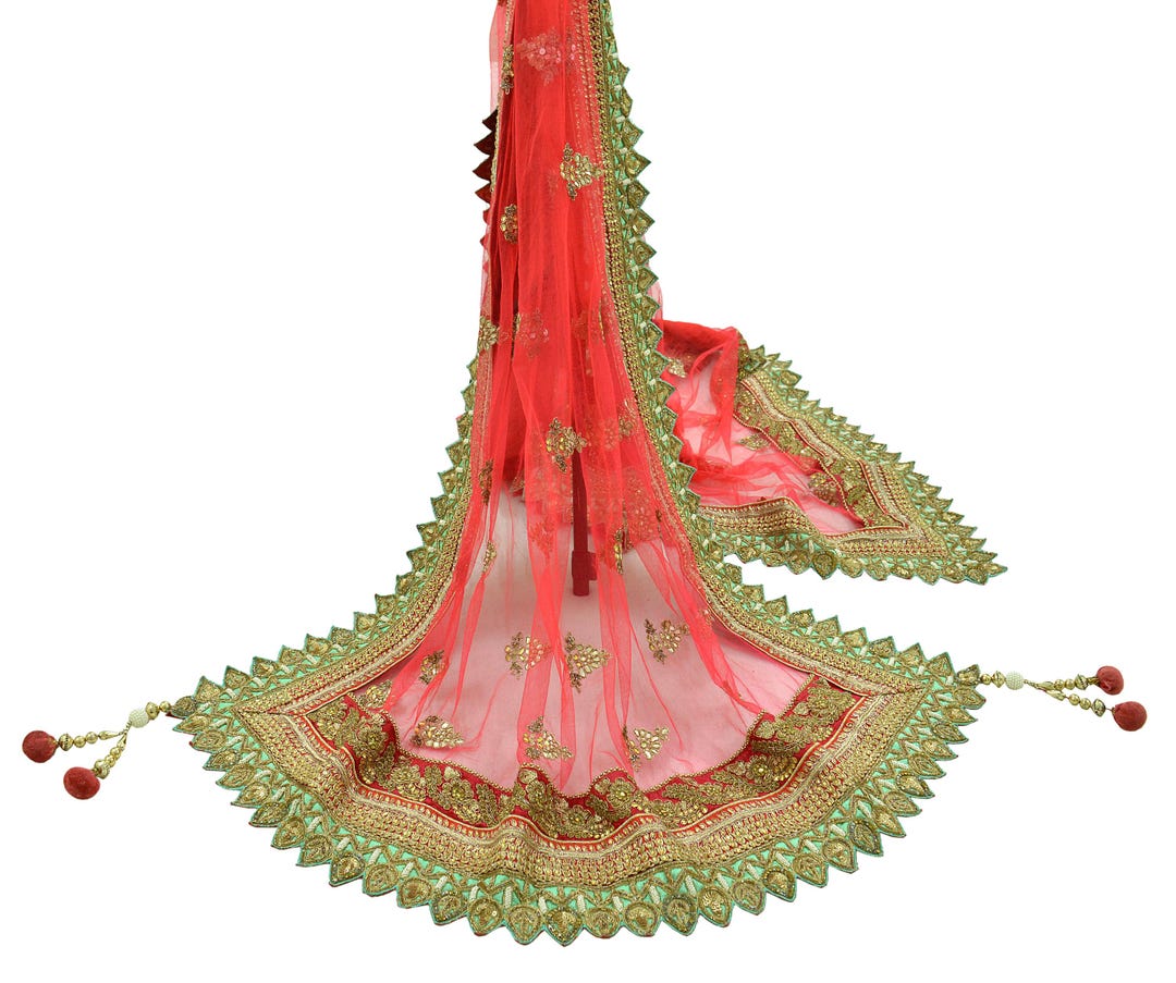 Indian Vintage Heavy Bridal Dupatta Pink Net Mesh Long Stole Hand ...