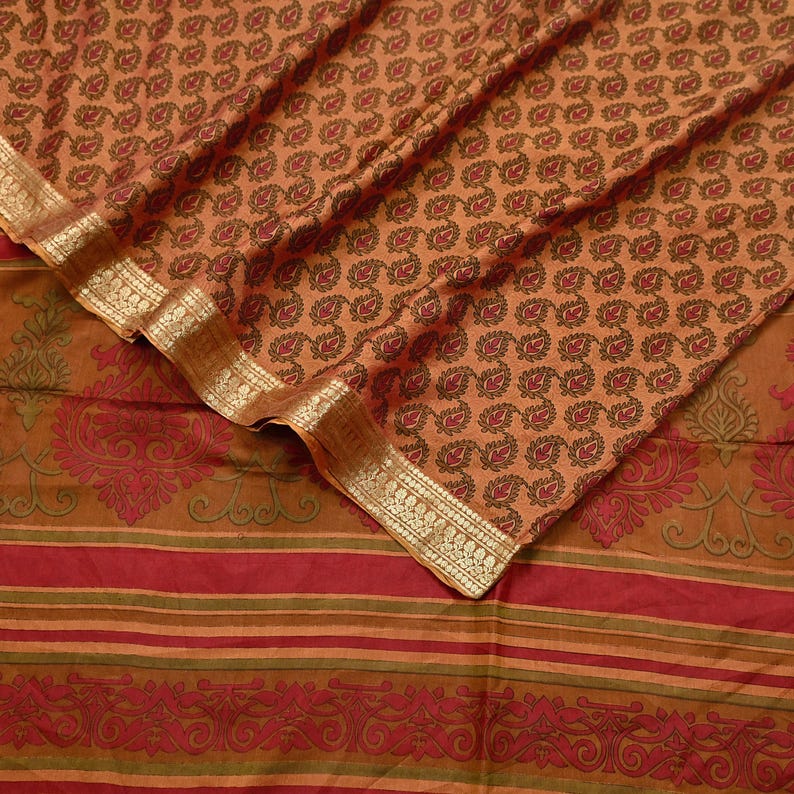Indian Vintage Sari Red & Saffron 100% Pure Silk Printed Saree Craft ...