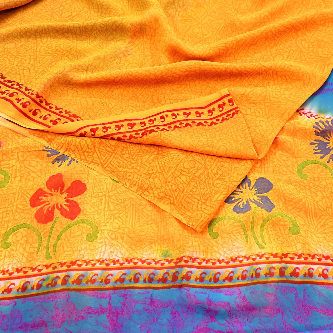 Indian Vintage Sari Saffron & Blue Pure Georgette Silk Printed Sarees ...