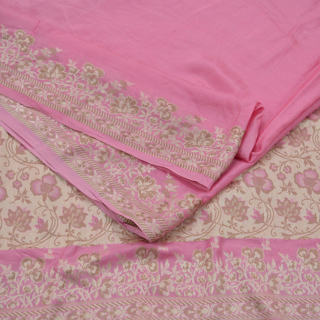 Indian Vintage Pink Sarees Pure Silk Hand Woven Sari Craft Fabric 5yd ...