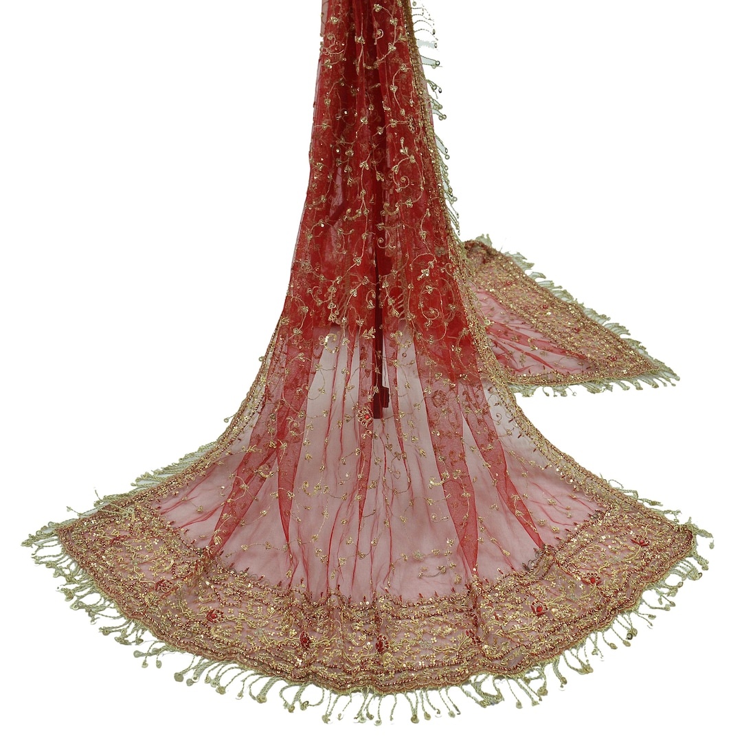 Indian Vintage Heavy Red Dupatta Net Mesh Long Stole Hand Embroidered ...