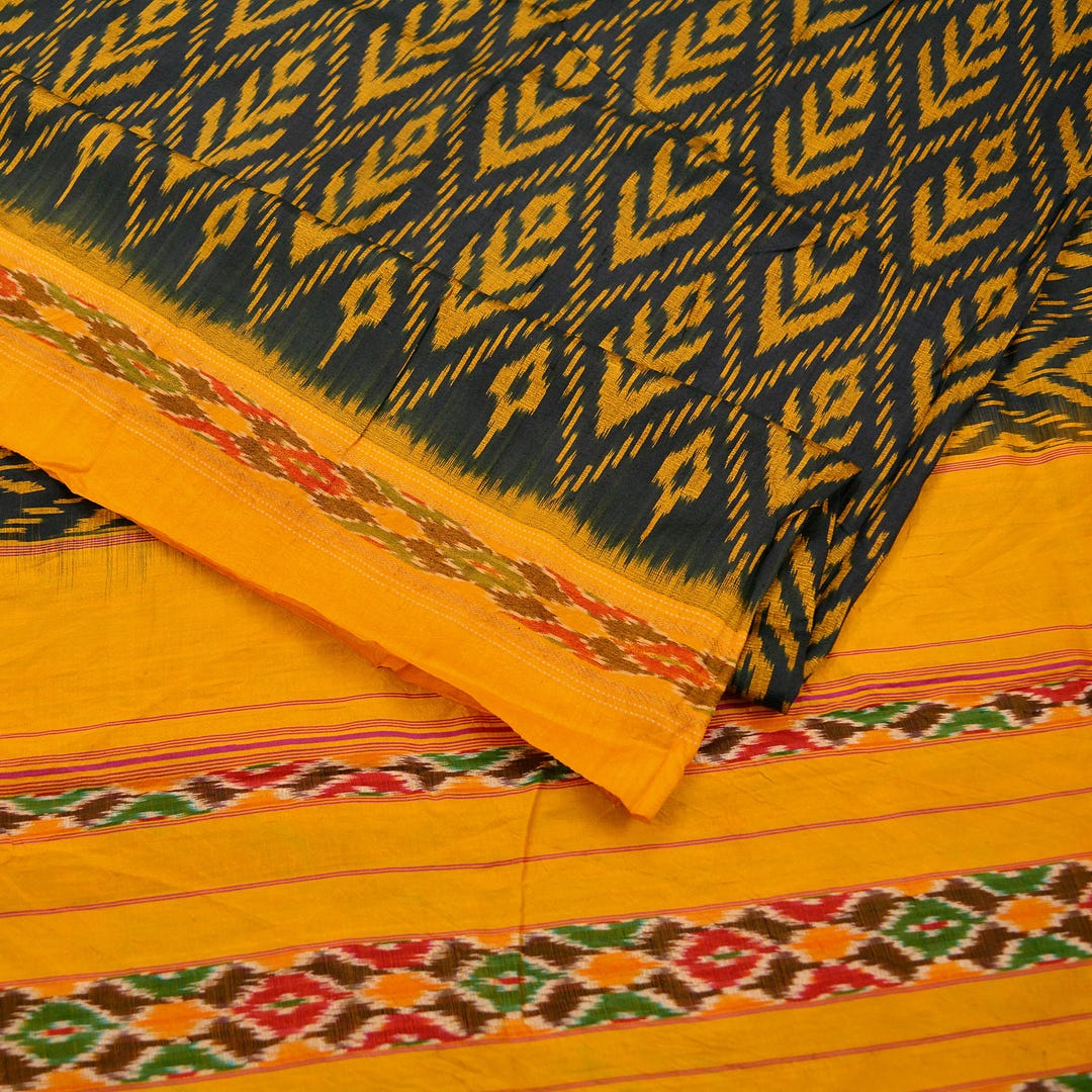 Indian Vintage Sari Saffron & Black Pure Silk Hand Woven Ikat Patola ...