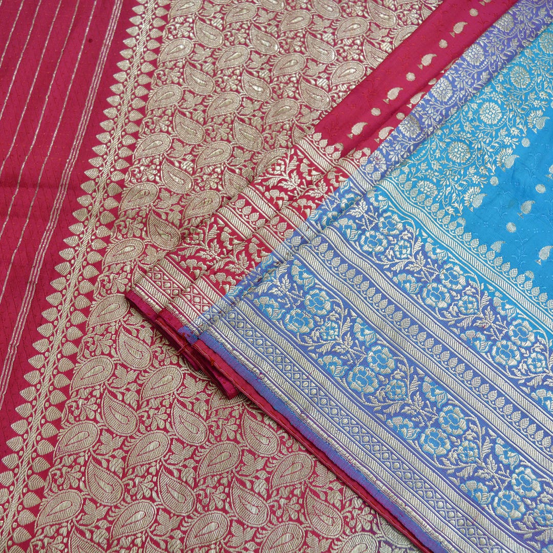 Indian Vintage Heavy Sari Pink & Blue Pure Satin Silk Woven Brocade ...