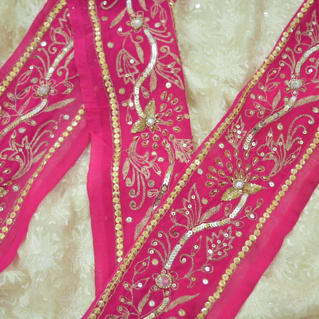 Indian Vintage Rani Pink Sari Border Hand Embroidered Ari Work Craft ...