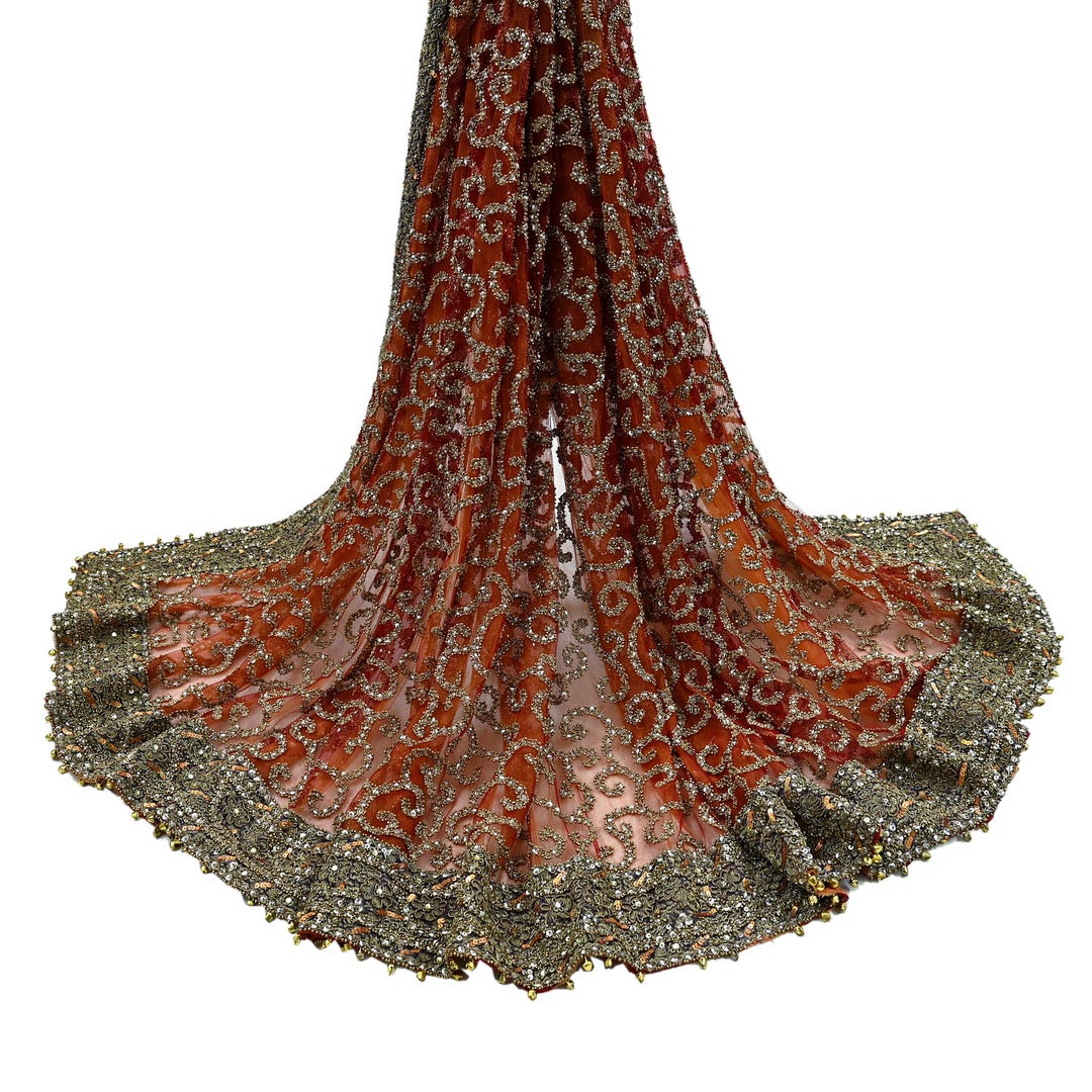 Indian Vintage Heavy Orange Dupatta | Hand Embroidered Net & Tissue ...