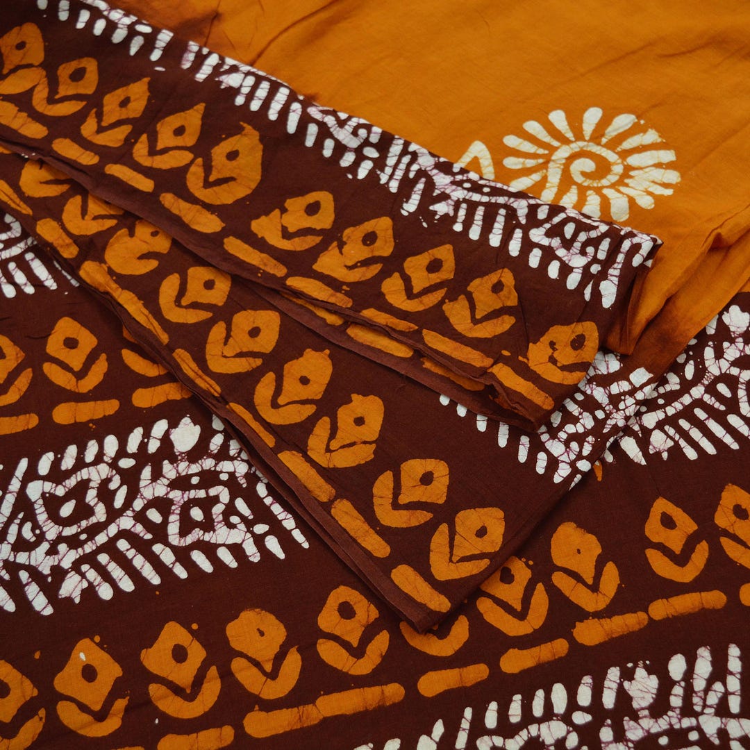 Indian Vintage Saffron & Brown Saree Batik Printed 100% Pure Cotton ...