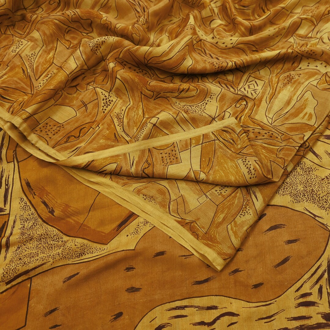 Indian Vintage Sari Saffron 100% Pure Silk Printed Saree 6yd Sewing ...