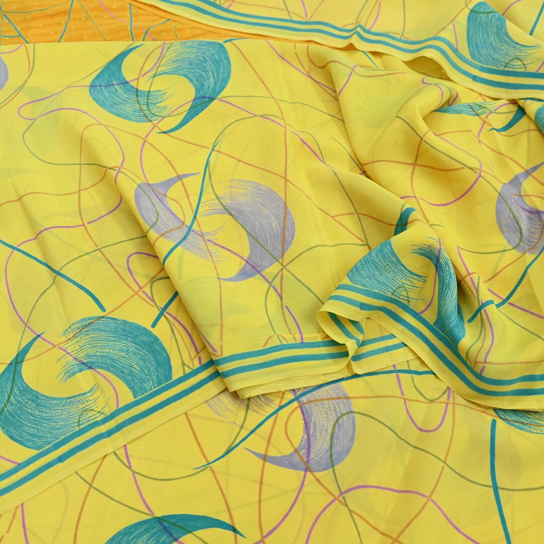 Indian Vintage Sari Yellow & Saffron Pure Crepe Silk Printed Saree ...