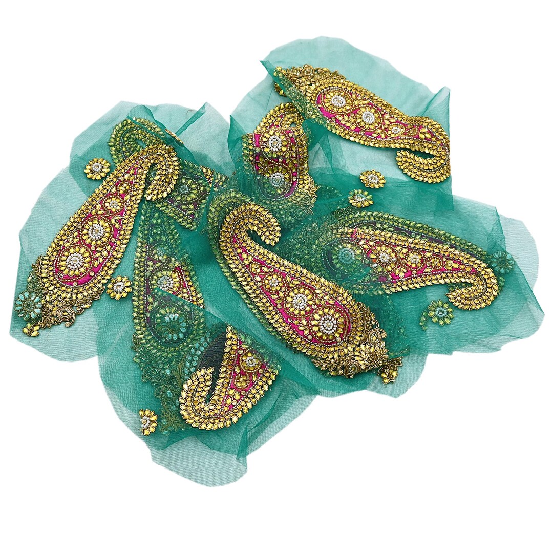 Indian Vintage Pink & Green Net Hand-embroidered Appliques –set of 2 ...