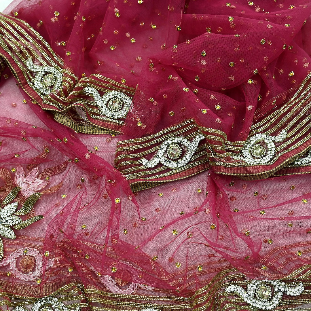 Indian Vintage Heavy Bridal Dupatta Pink Net Mesh Long Stole Hand ...