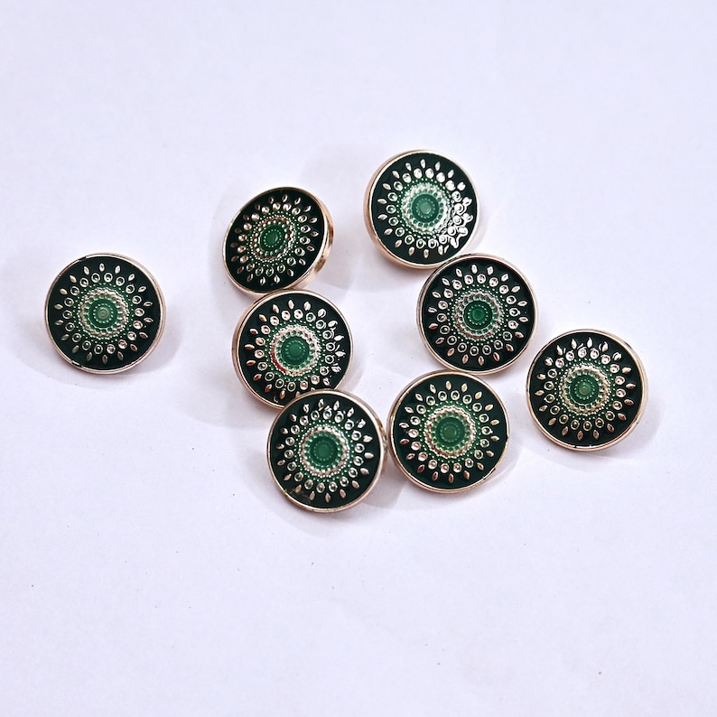 Indian Gold & Green Shank Buttons Set of 8, 17mm Decorative Buttons ...