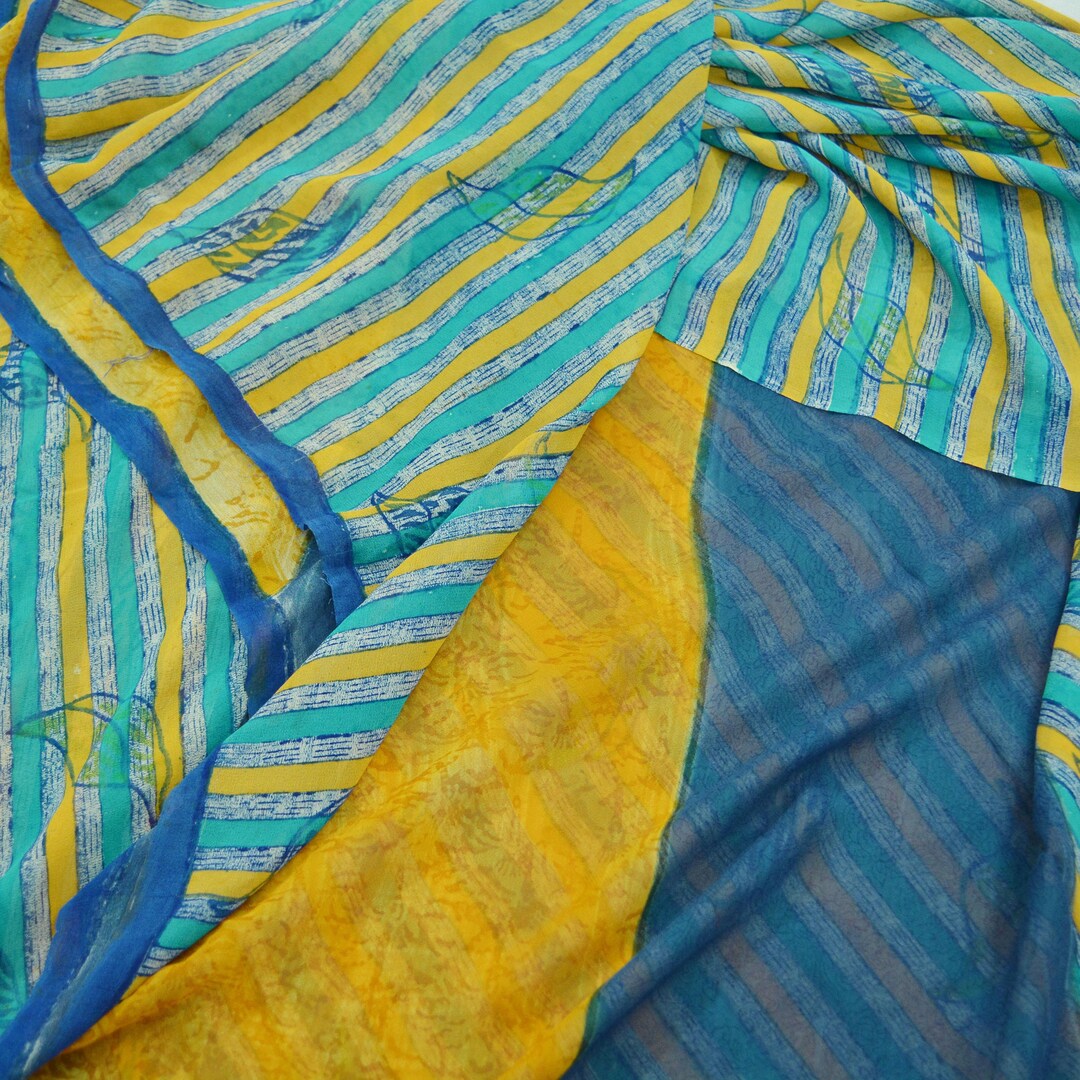 Indian Vintage Saffron & Blue Saree 100% Pure Georgette Silk Printed ...