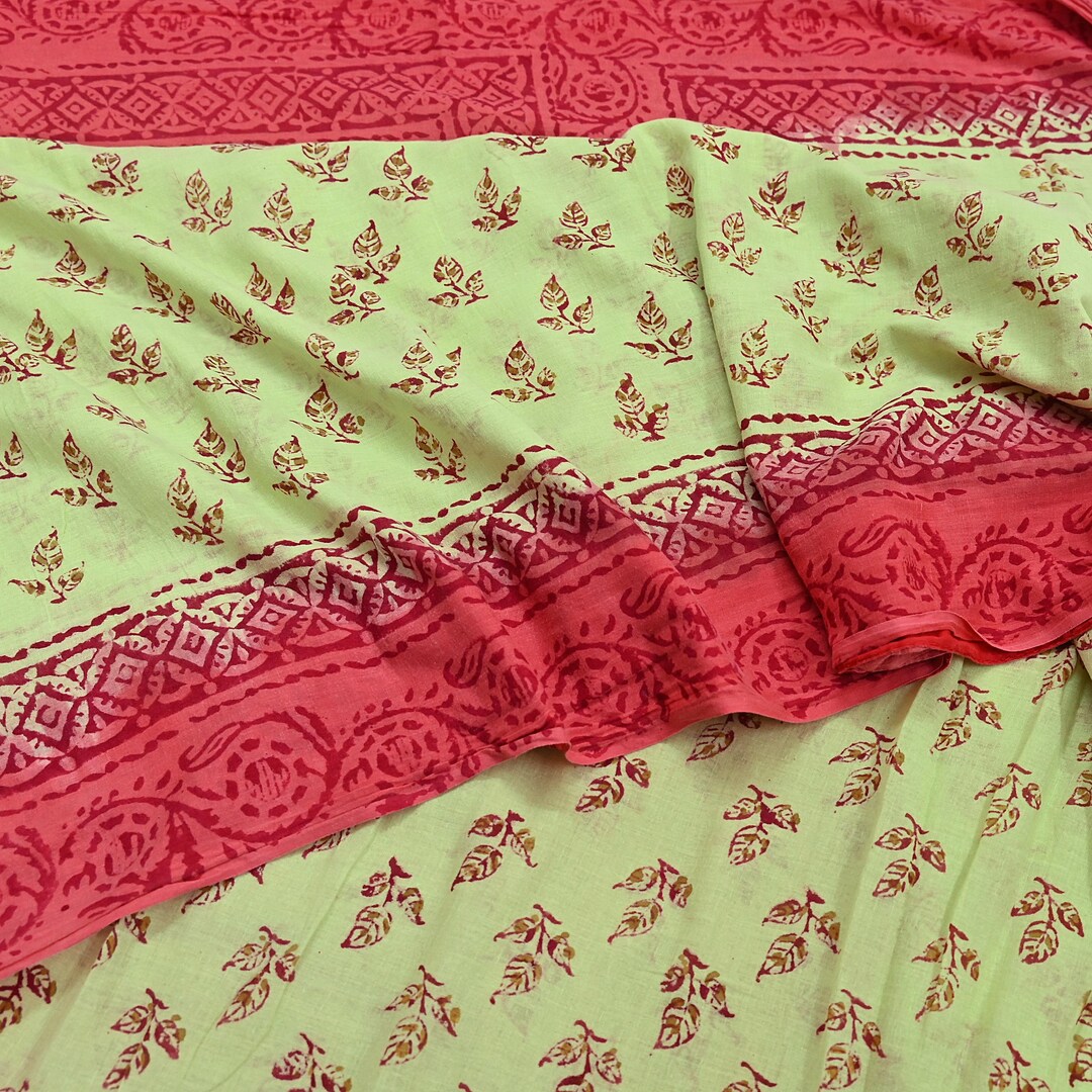 Indian Vintage Green & Peach Saree Block Printed Pure Cotton Sari Craft ...