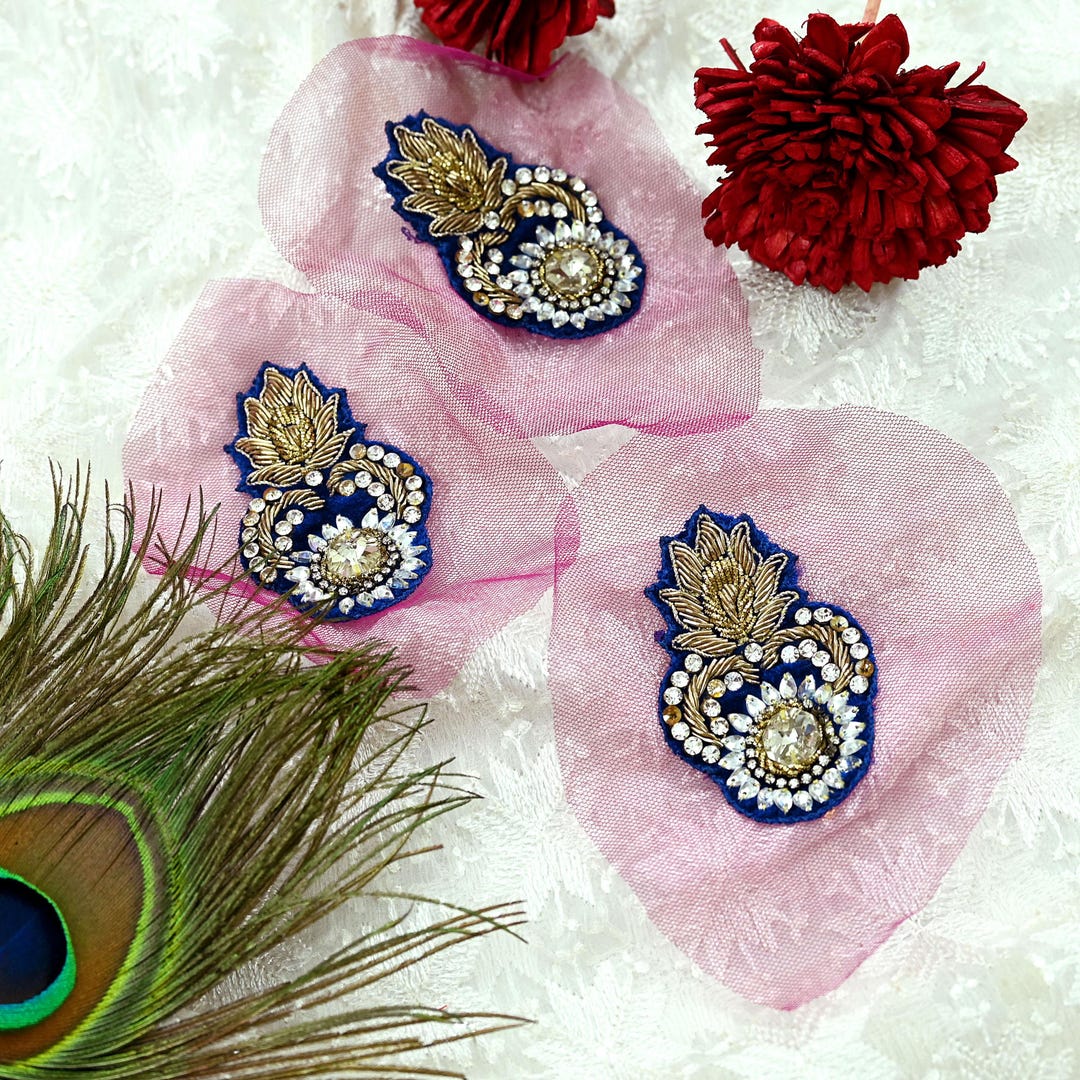 Indian Vintage Pink Net Hand-embroidered Appliques – Set of 3, Zardozi ...