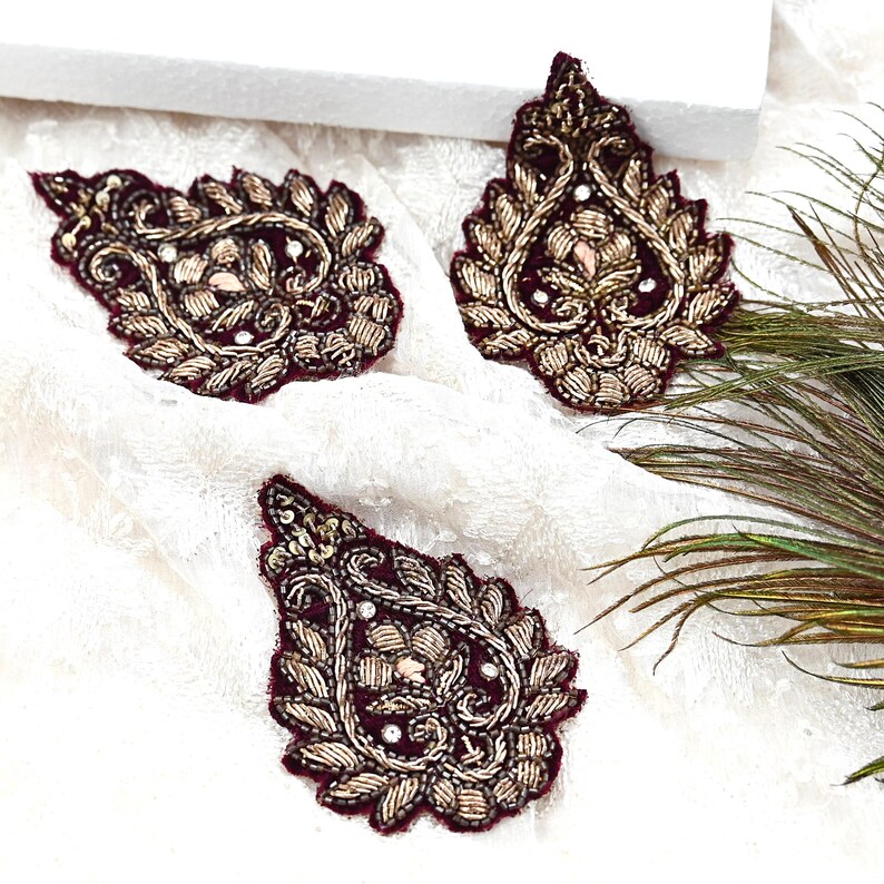 Indian Vintage Maroon Velvet Appliques – Set of 3 | Hand-embroidered ...