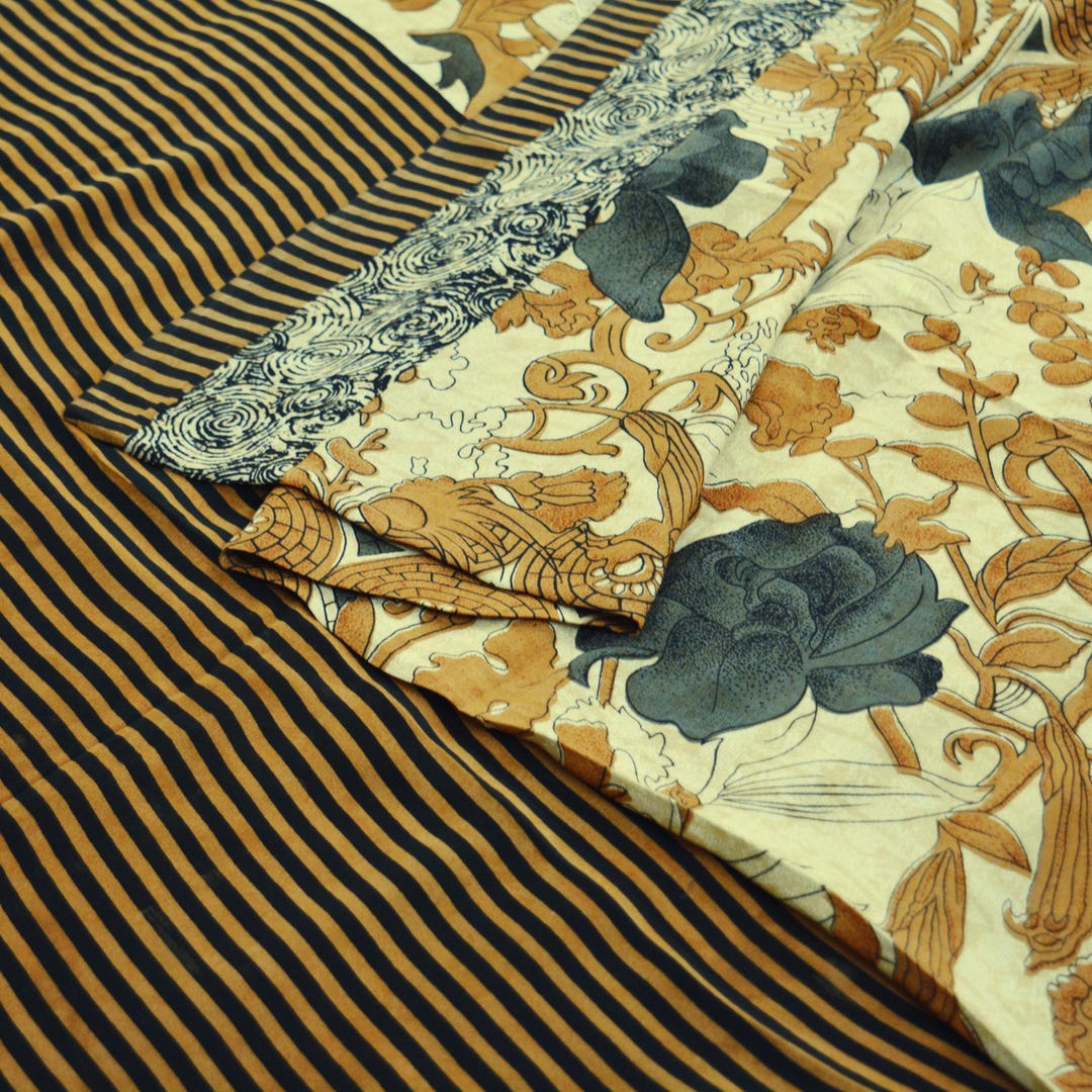 Indian Vintage Sari Ivory & Saffron Pure Crepe Silk Printed Saree 5yard ...