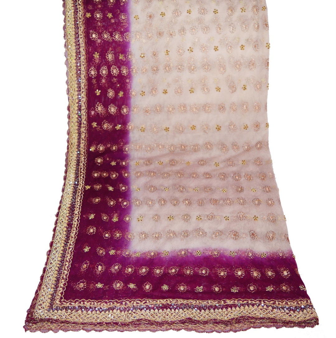 Indian Vintage Heavy Cream & Maroon Dupatta Net Mesh Long Stole Hand ...