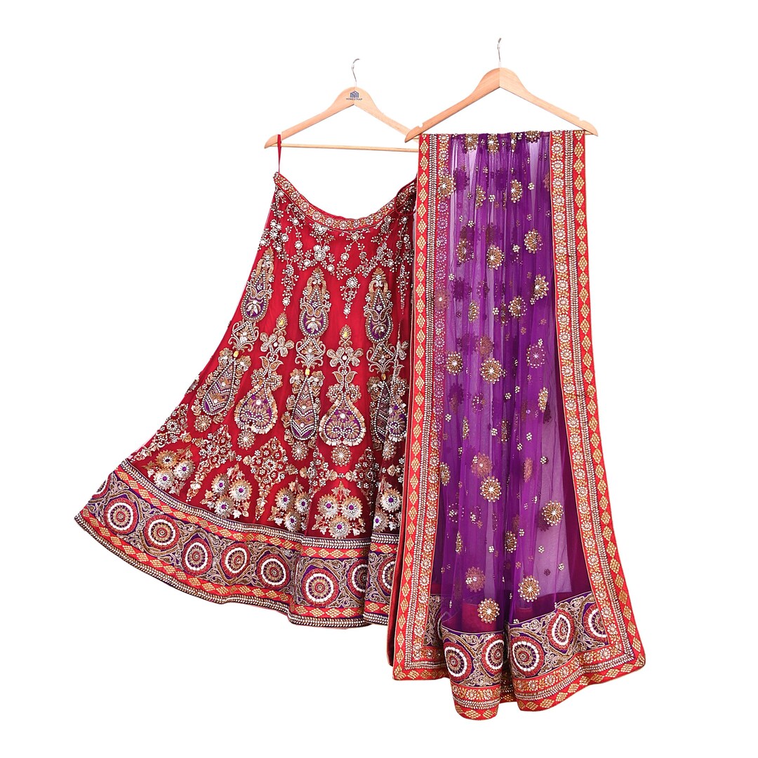 Indian Heavy Wedding Red & Purple Net/mesh Hand Embroidered Lehenga ...