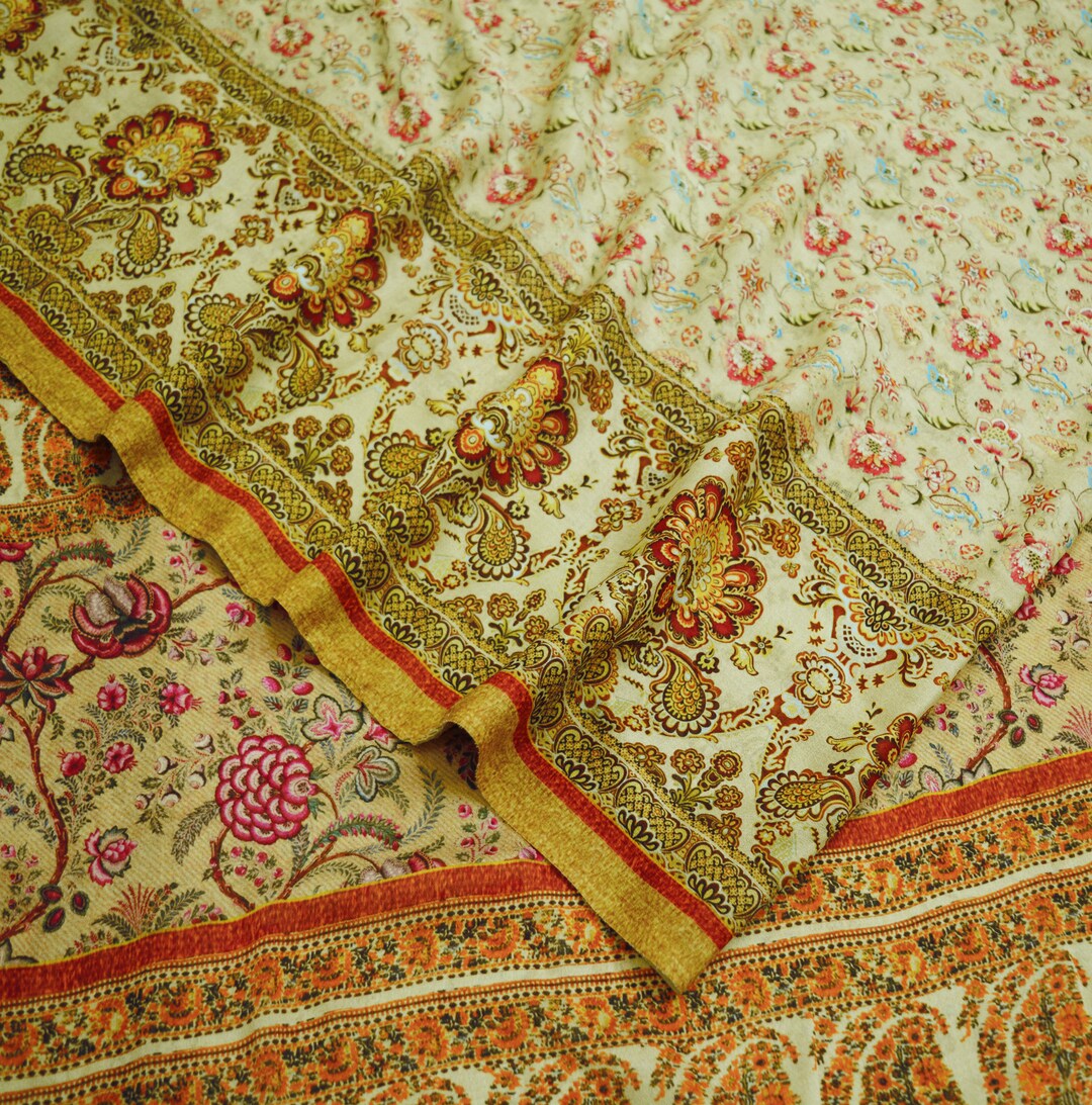 FREE SHIPPING Vintage Ivory Saree Georgette Digital Printed Sari Sewing ...