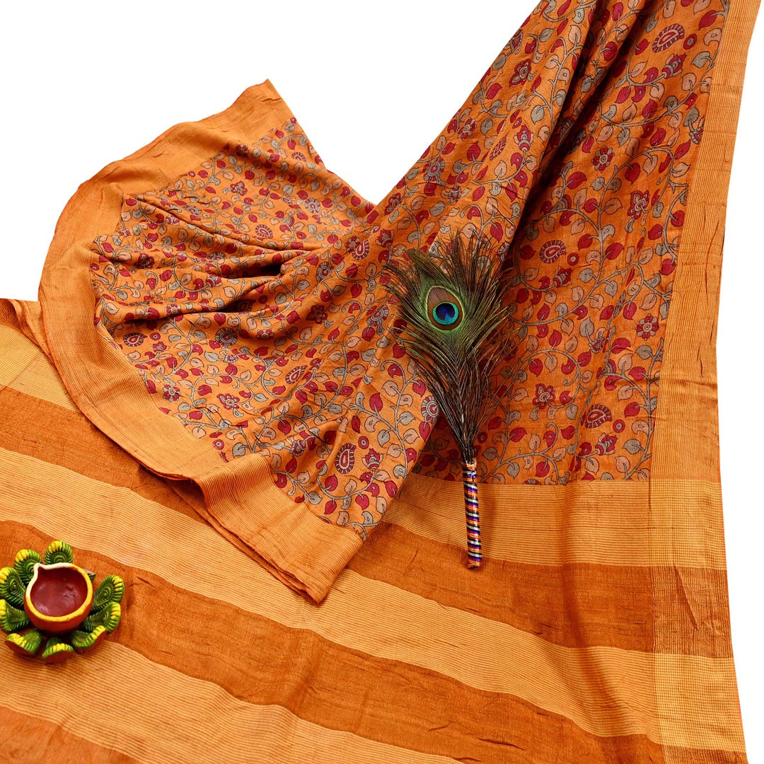 Indian Vintage Saffron Saree Pure Khadi Silk Handloom Kalamkari Sari ...