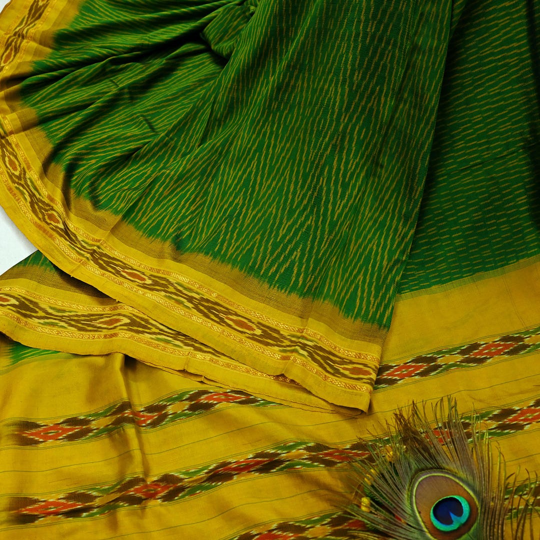 Vintage Green & Yellow Saree Pure Silk Pochampally Hand Woven Ikat Sari ...