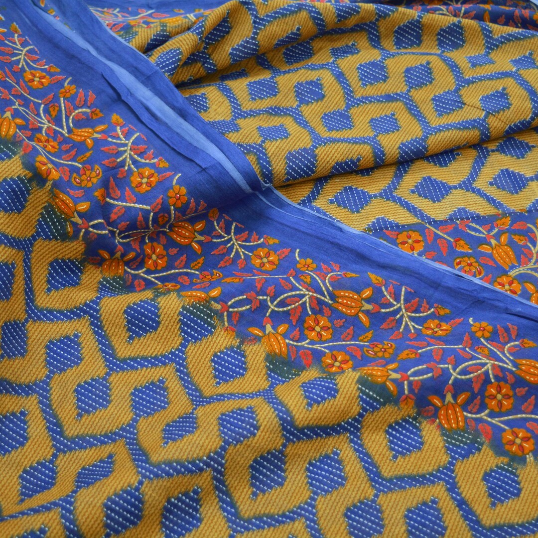 Indian Vintage Saffron & Blue Saree Printed Pure Cotton Indian Sari ...