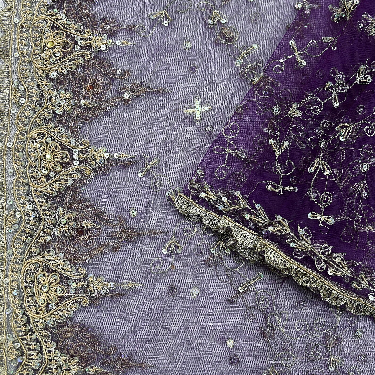 Indian Vintage Purple Dupatta Net Mesh Long Stole Hand Embroidered ...