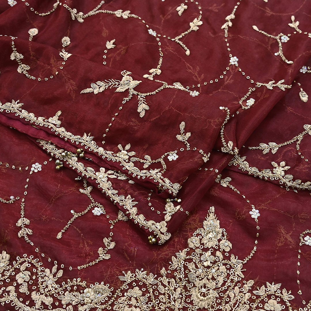 Indian Vintage Heavy Maroon Dupatta Net Mesh Long Stole Hand ...