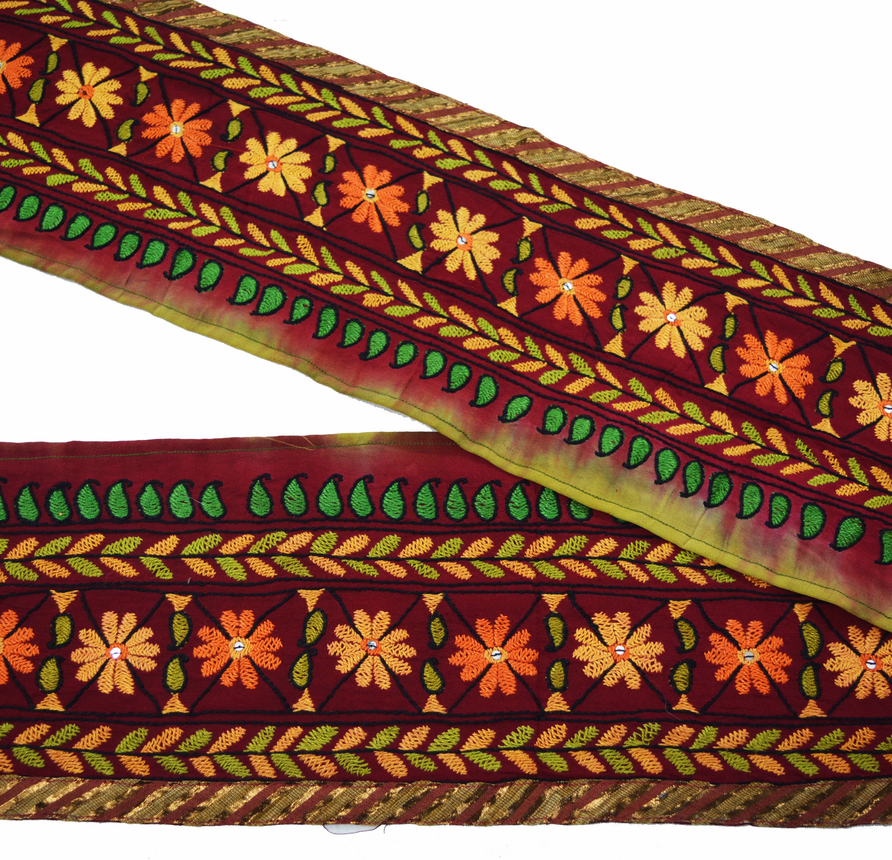 Indian Vintage Maroon Sari Border Kantha Hand Embroidered Sari Border ...