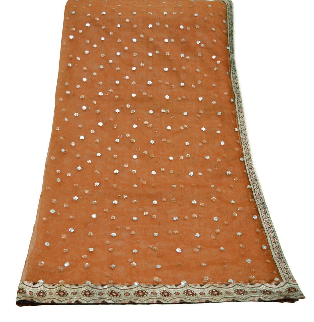 Indian Vintage Orange Dupatta Net Mesh Long Stole Woven Scarves Brocade ...