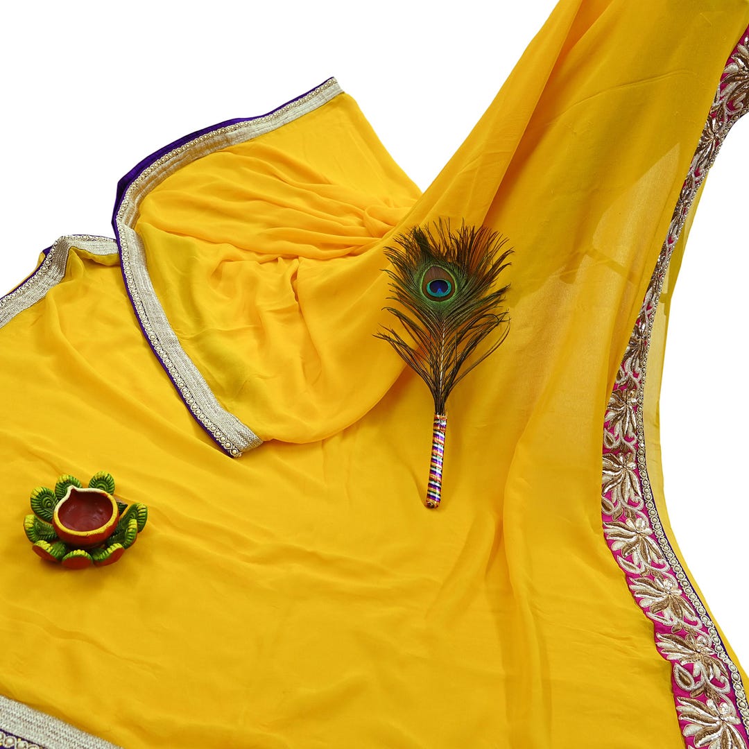 Indian Vintage Heavy Sari Yellow Pure Georgette Silk Hand Embroidered ...