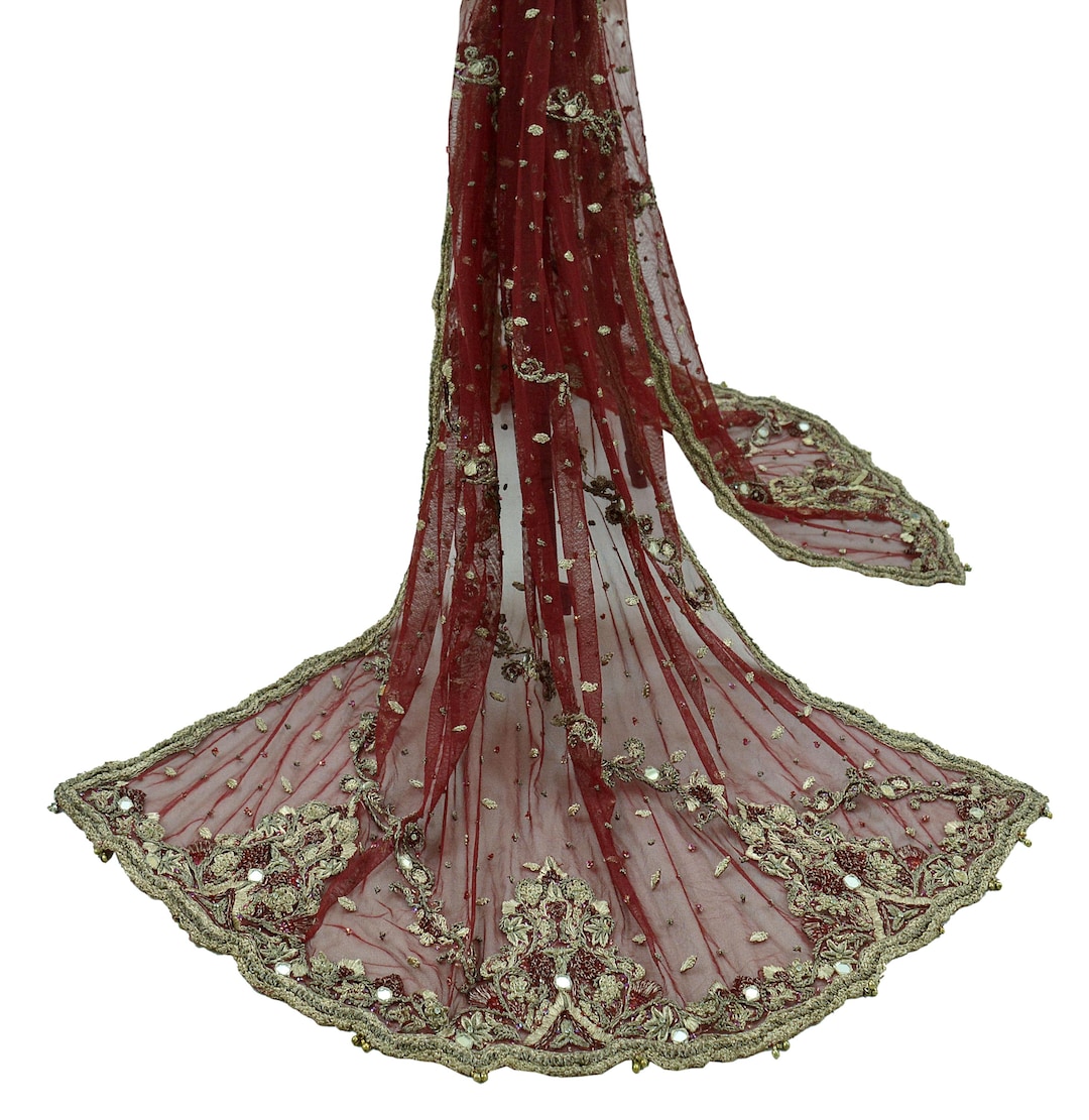 Indian Vintage Heavy Bridal Dupatta Dark Red Net Mesh Long Stole Hand ...