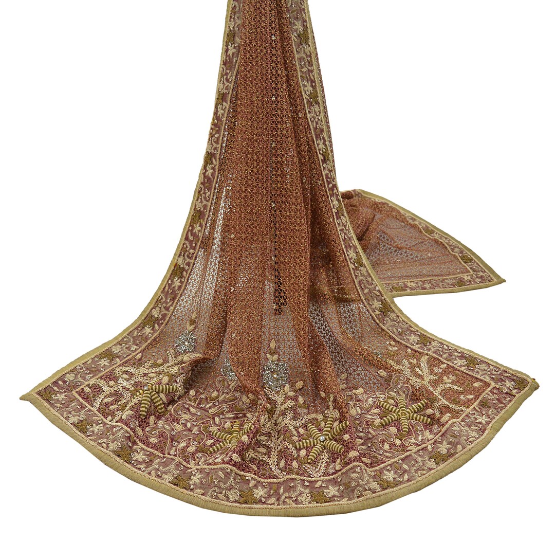 Indian Vintage Heavy Bridal Dupatta Golden Brown Net Mesh Long Stole ...