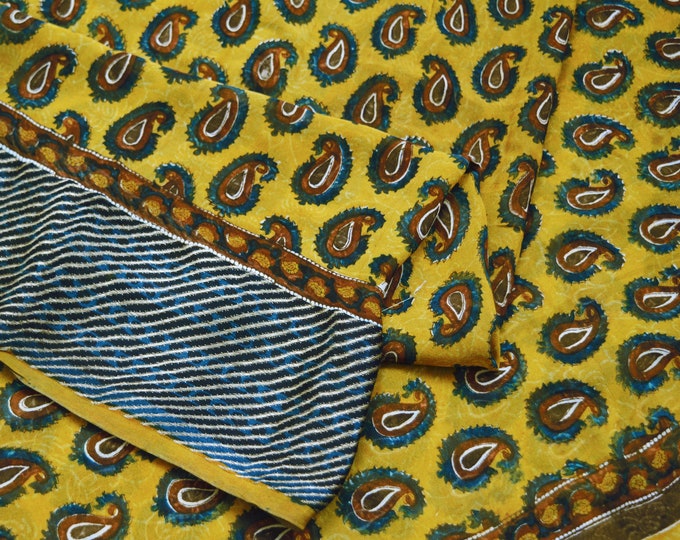FREE SHIPPING Vintage Mustard Saree 100% Pure Georgette Silk Hand Block ...