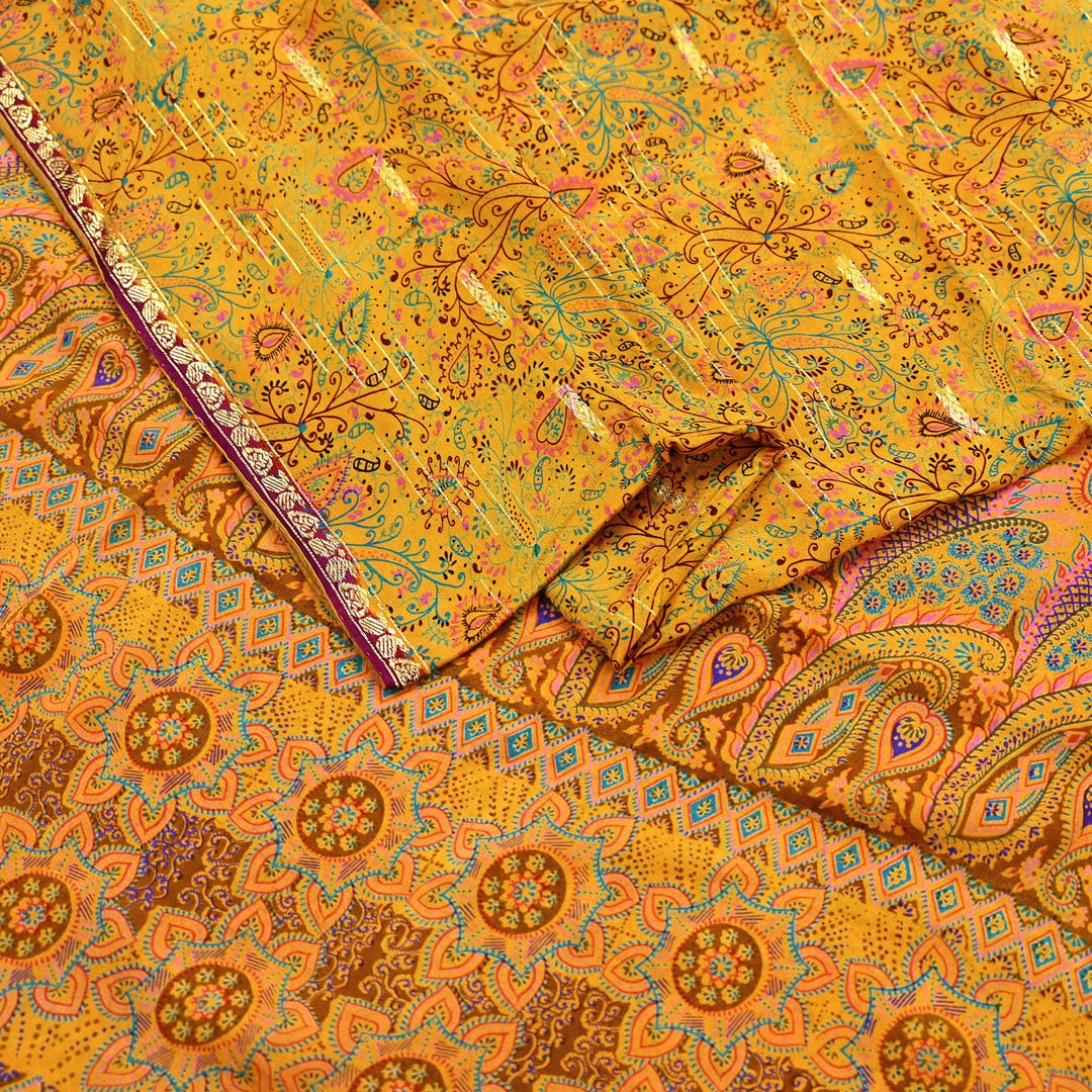 Indian Vintage Sari Saffron 100% Pure Silk Printed Saree 5yd Sewing ...