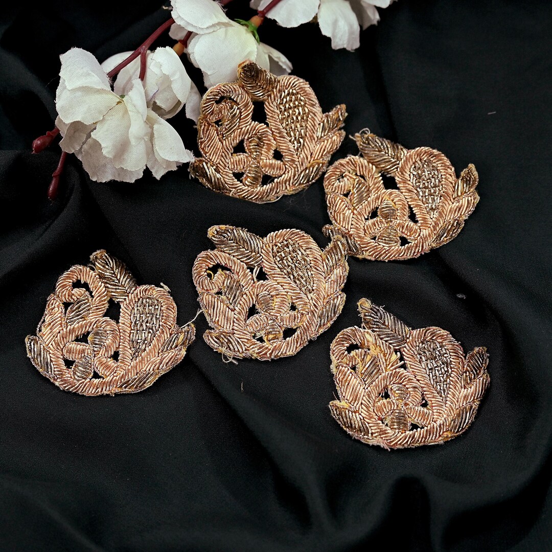 Indian Vintage Golden Cotton Appliques – Set of 5 | Hand-embroidered ...