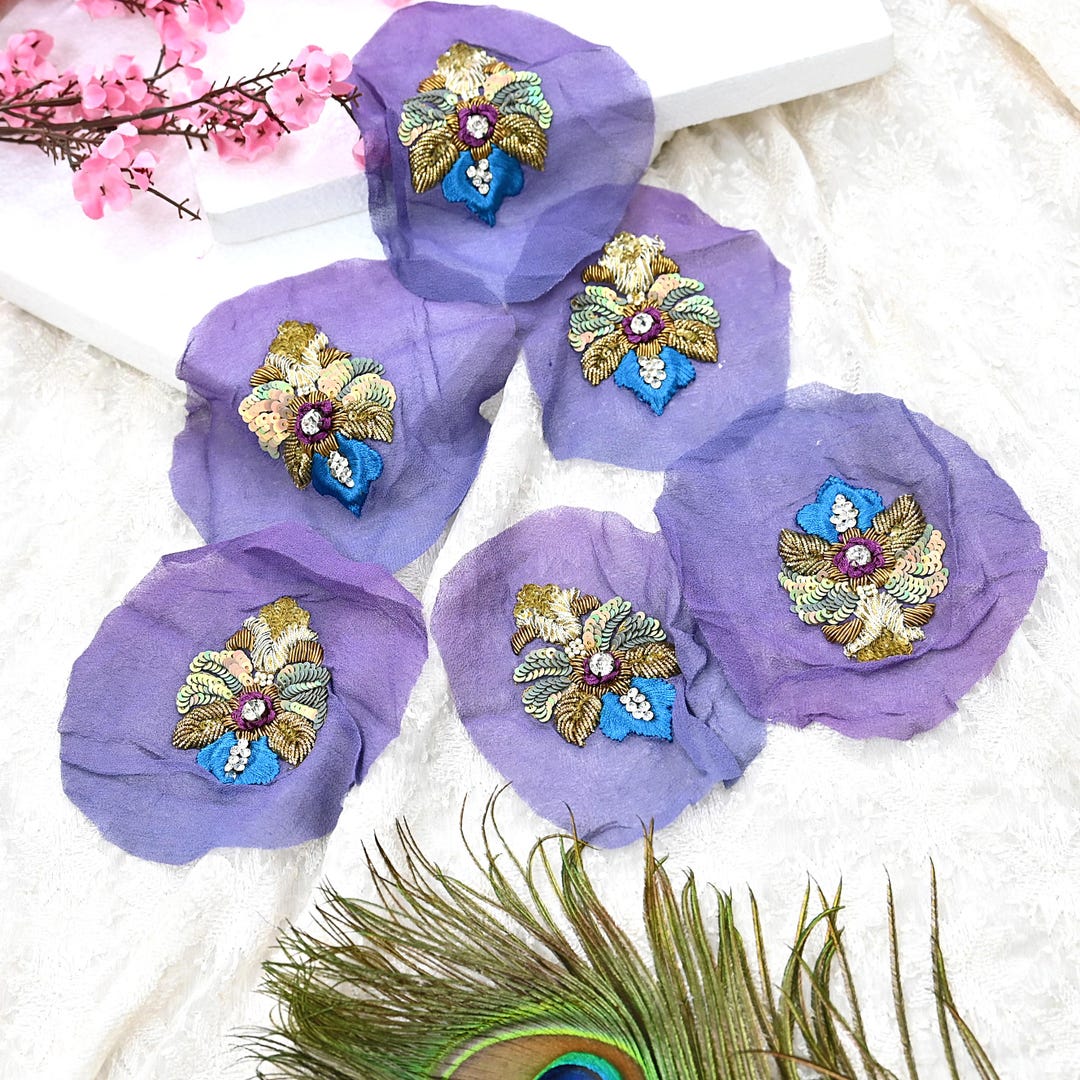Indian Vintage Purple & Blue Pure Georgette Silk Appliques –set of 6 ...