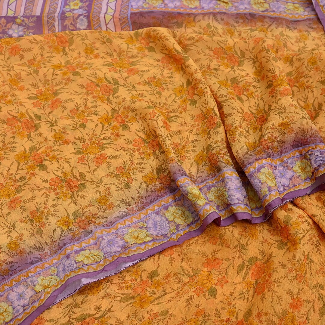 Indian Vintage Saffron & Purple Saree Pure Chiffon Silk Printed Sari ...